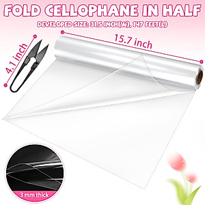 Rcybeo Clear Cellophane Wrap Roll (31.5 in x 147 ft) - 3 Mil Thicken Cellophane Roll with 1 Cutter, Clear Cellophane Bags Large, Clear Wrapping Paper for Flower Gift Baskets Wrap (31.5" fold into 16")