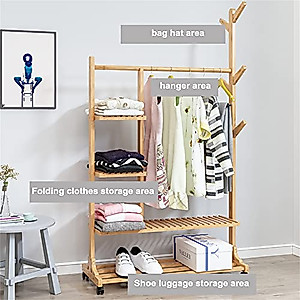 YXDFG Clothing Rack Bamboo Garment Rack,Rolling Clothes Rack,Multifunctional Bedroom Hanging Rack, 4 Layers Wardrobe Storage Shelves with Wheels 6 Hooks