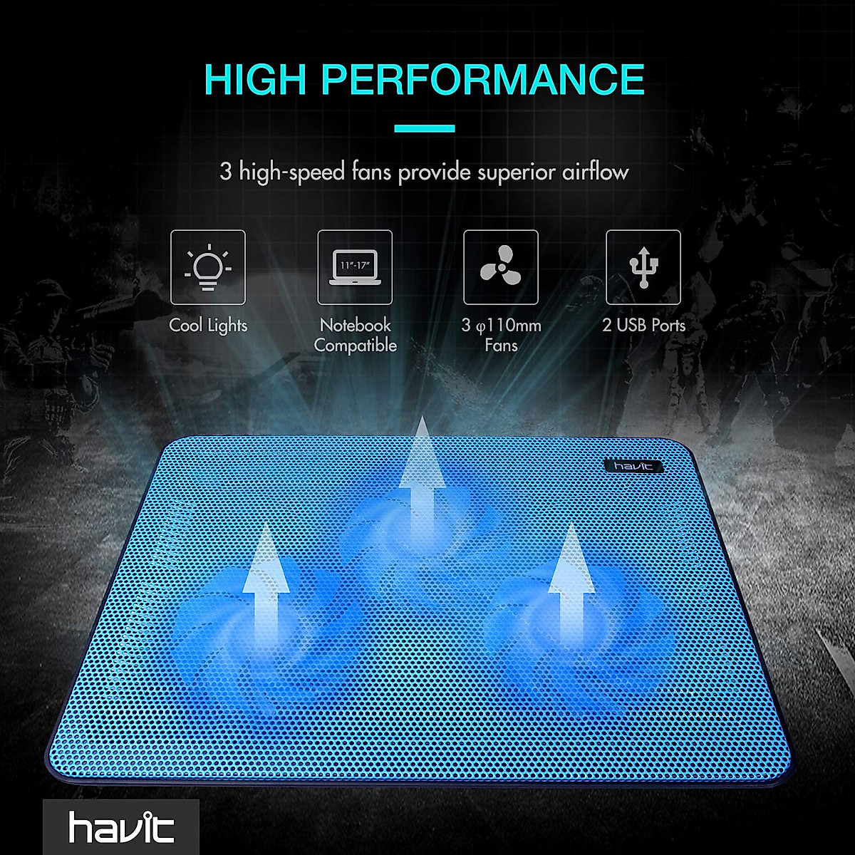 Havit HV-F2056 15.6-17 Inch Laptop Cooler Cooling Pad - Slim Portable USB Powered (3 Fans) (Blue)
