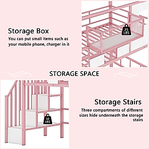 Twin Loft Bed with Stairs, Roof, Window and Full-Length Guardrail, House Loft Bed/Heavy Duty Metal Loft Bed with Storage Box and Storage Stairs, Pink Loft Bed Twin Size