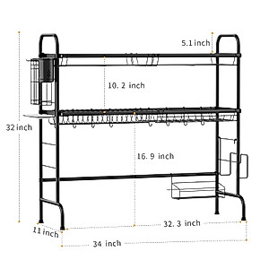 iSPECLE Over The Sink Dish Drying Rack Stainless Steel 2 Tier Dish Rack Large Above Sink Drying Rack Kitchen Sink Shelf, Black