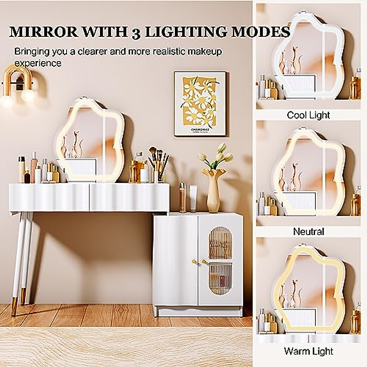 Chrangmay Modern Vanity Desk with Mirror and LED Lights,Retractable Makeup Vanity with 2 Wave Drawers & Cabinet,Writing Desk,for Bedroom,Bathroom, Gift for Girls and Women,White