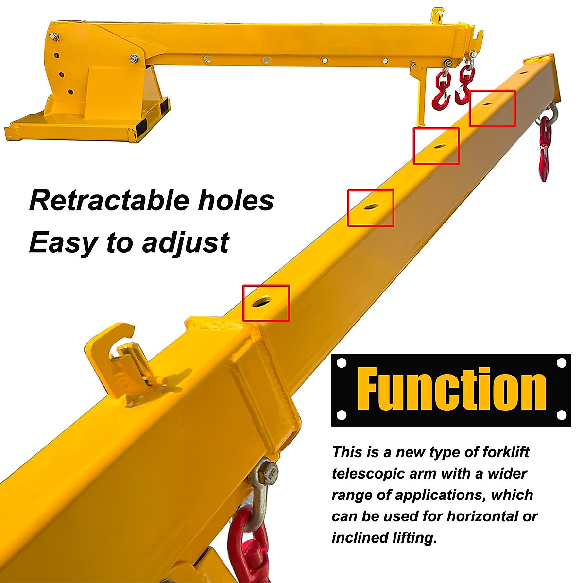 HQHAOTWU Forklift Jib Boom Crane Industrial Forklift Telescoping Jib Boom 4400lb Capacity Hoist Jib Boom Hook Double Fork Design Extend from 7 Up to 12ft Adjustable Crane Boom Mobile Crane Lifting