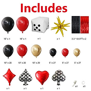 153PCS Casino Theme Party Decorations, Black Red Gold Balloon Garland Arch Kit With Starburst Dice Poker Foil Balloons, Foil Fringle Curtain Backdrops