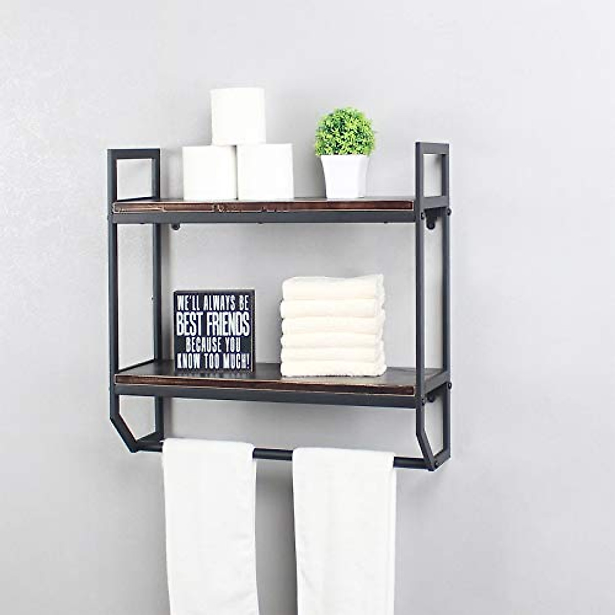 OISSIO Bathroom Shelves Wall Mounted,2 Layer Bathroom Shelf with Towel Bar,Storage Shelves for Kitchen,Metal&Wood Floating Shelves, Rustic Industrial Bathroom Shelves,Vintage Black