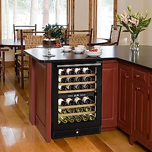 Frostronics 24 Inch Dual Zone Wine Refrigerator, 51 Bottles Under Counter Built-In or Freestanding Wine Cellar, Wine Cooler with Quiet Compressor Cooling and Reversible Glass Door, Fits Large Bottle