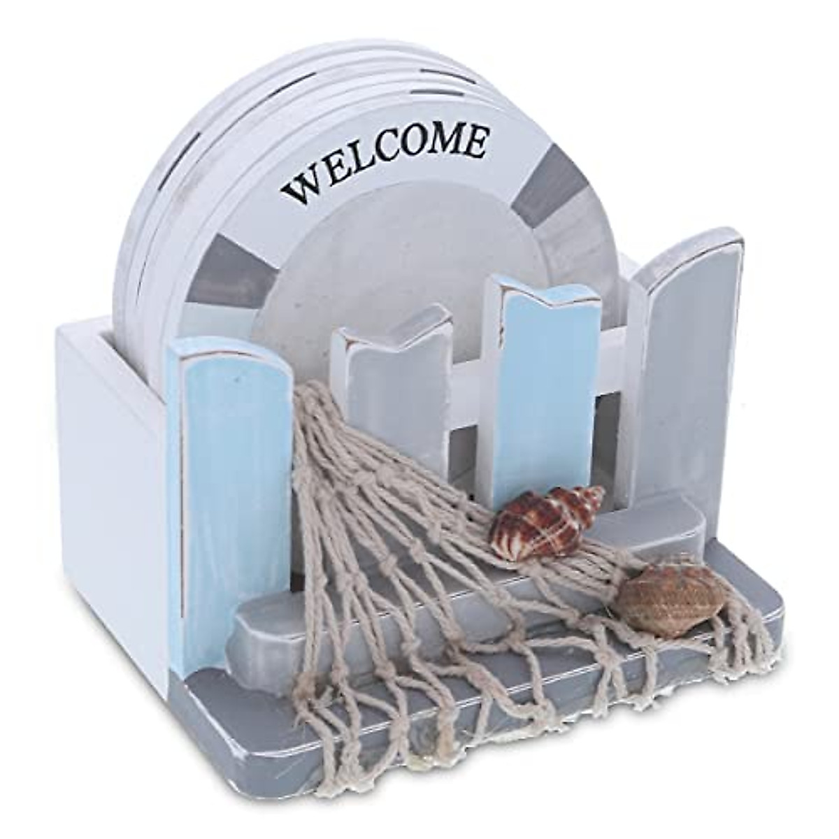 CoTa Global Moonlight Nautical Wooden Coaster Set - Rustic Circle Coaster Set with Holder, Cute Beach Theme Drink Coasters Set for Spill and Scratch Free Tabletop - 6 Coasters and 1 Holder Set