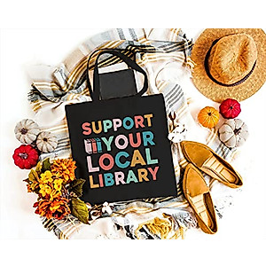 GXVUIS Support Your Local Library Canvas Tote Bag for Women Aesthetic Reusable Grocery Shopping Bags Book Lovers Gifts Black