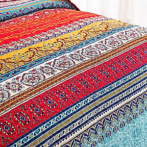 WONGS BEDDING Bohemian Quilt Set California King, Boho Striped Pattern Printed Quilt Coverlet for All Season, Soft Microfiber Boho Bedspread Set 96"x106"(3 Pieces, Blue)