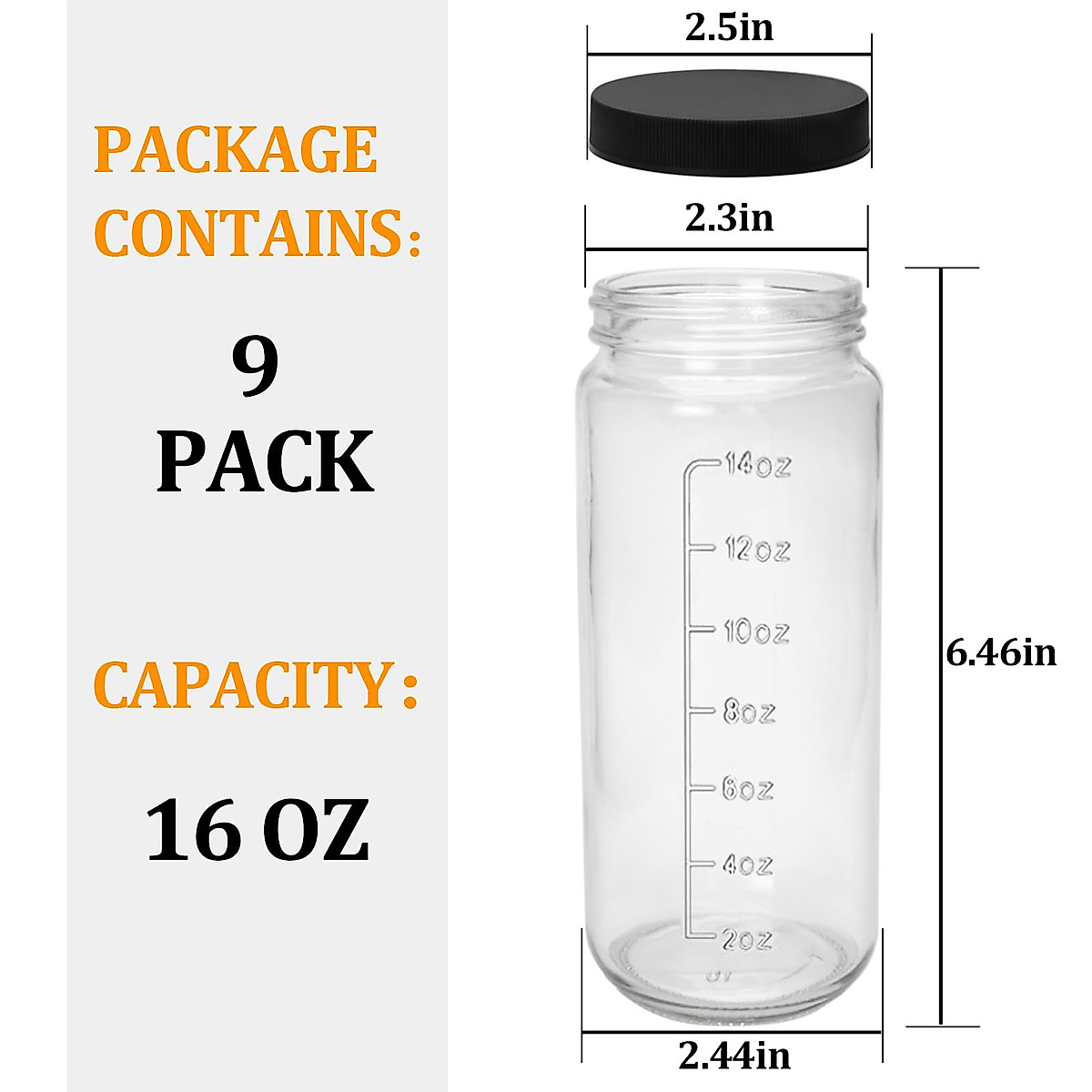 Encheng 16 oz Glass Juice Bottles with Lids,9 Pack Reusable Drinking Jars with Lids and Straws,Clear Round Smoothies Cup for Juicing,Kombucha,Water,Milk,Travel