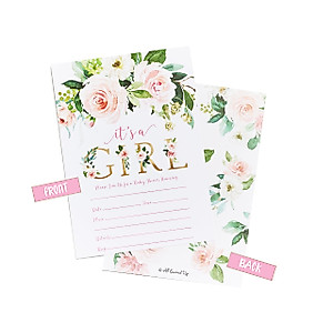 All Ewired Up 25 Pink It's A Girl Baby Shower Invitations with Envelopes (Large Size 5x7) Boxed Set, Double-Sided, Boho Floral Greenery, Sprinkle, Blush Boho