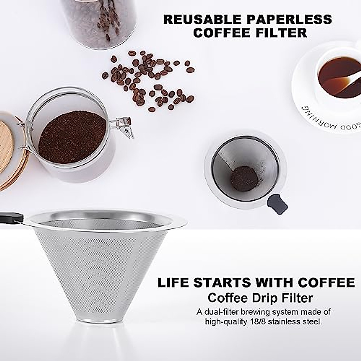 INSINTAR Pour Over Coffee Dripper Reusable Stainless Steel Pour Over Coffee Maker Cone Coffee Dripper Slow Drip Paperless Coffee Filter for 1-2Cup