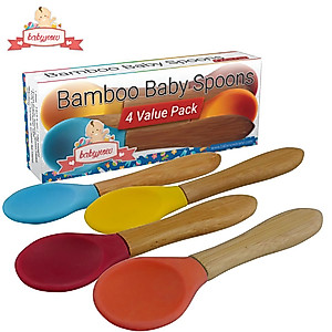 Bamboo Baby Spoons 4 PACK - Toddler Weaning Spoon - Bamboo Handle Silicone Soft Tip Spoon 5.5” Toddlers Weaning Baby Food Utensil - Mom Baby Travel Spoonset