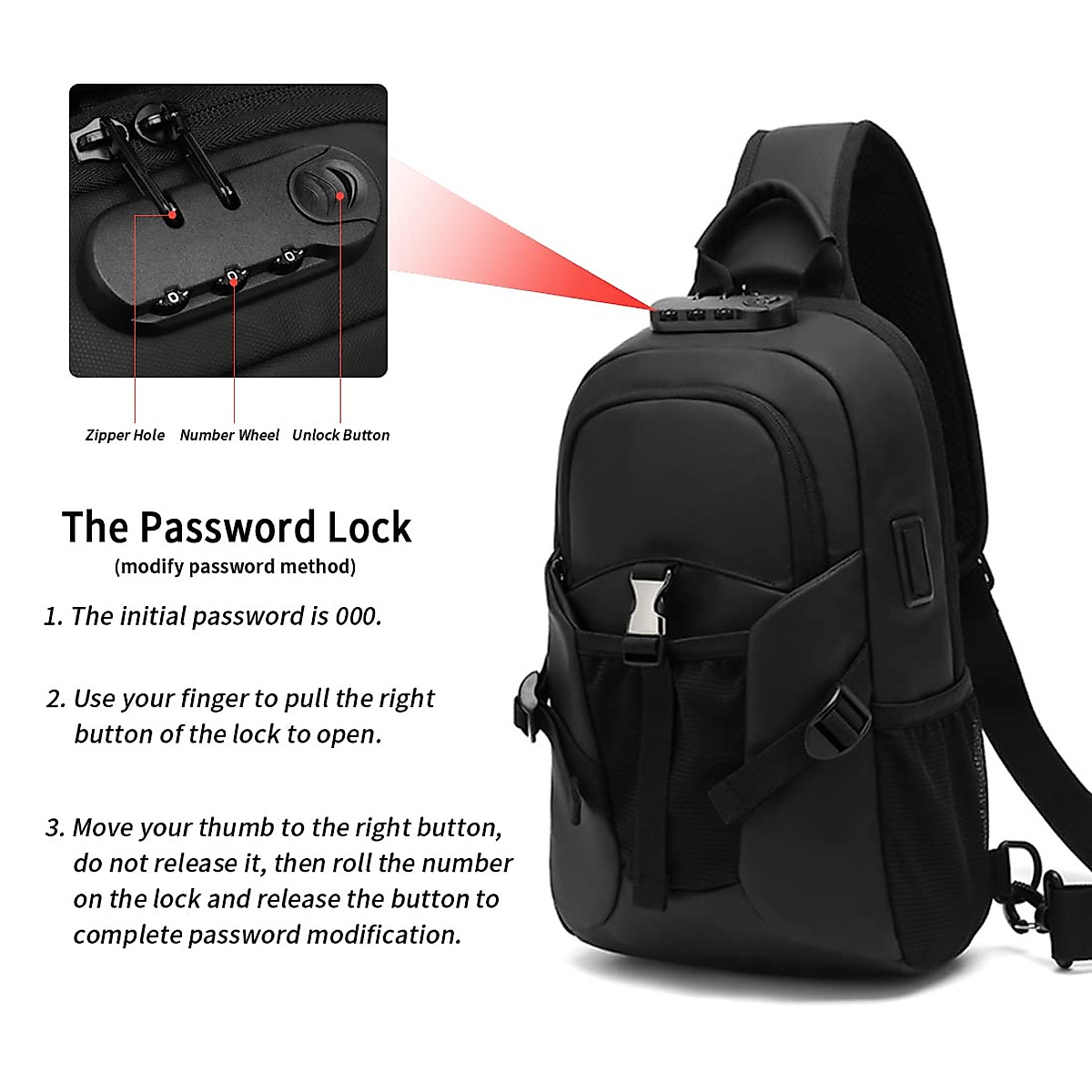 Xinteorao Anti Theft Sling Bag for Men Waterproof Crossbody Shoulder Bag Backpack with USB Charging Port Black