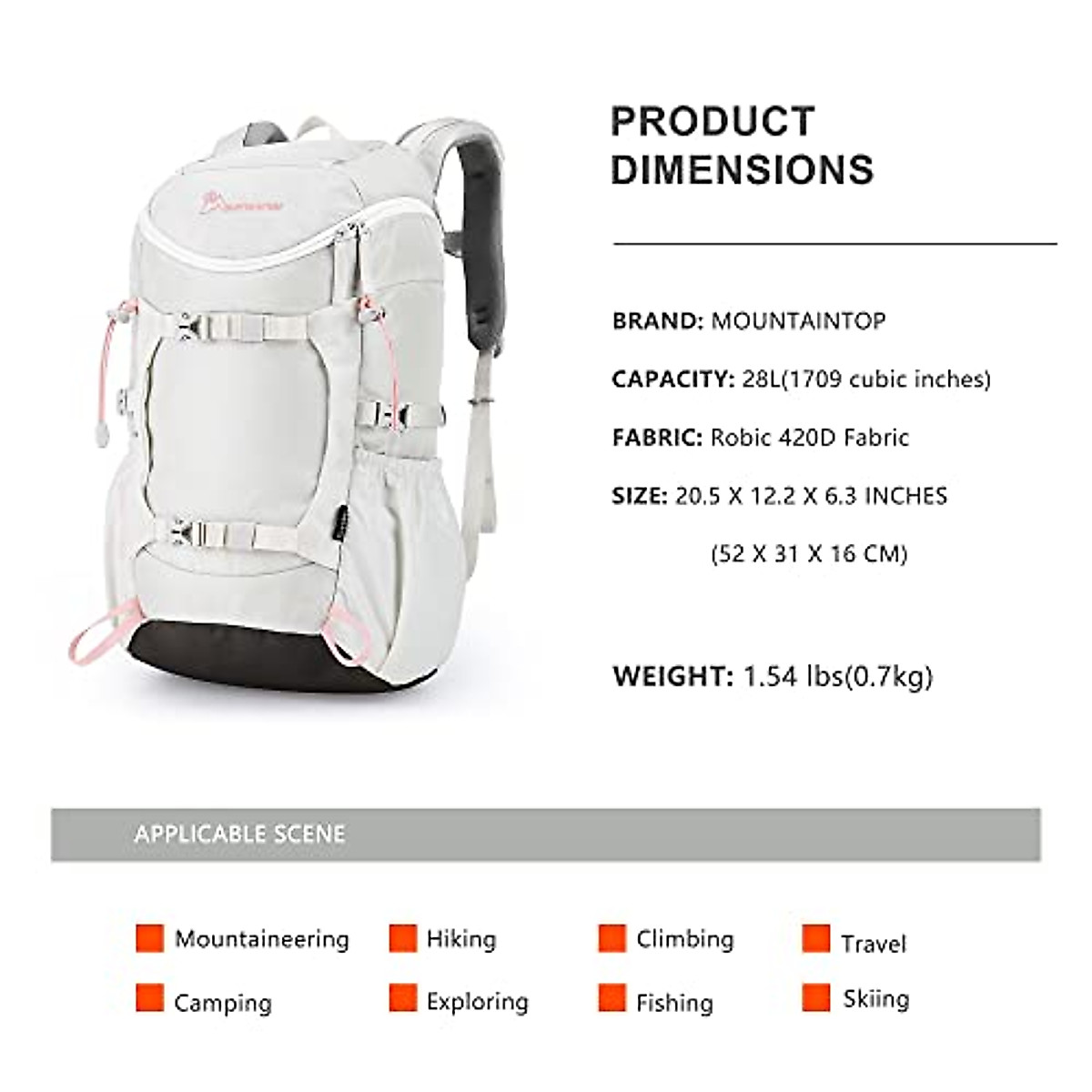 MOUNTAINTOP 28L Hiking Backpack for Women Outdoor Backpack for Camping Cycling and Traveling, 20.5×12.2×6.3 IN, Ivory