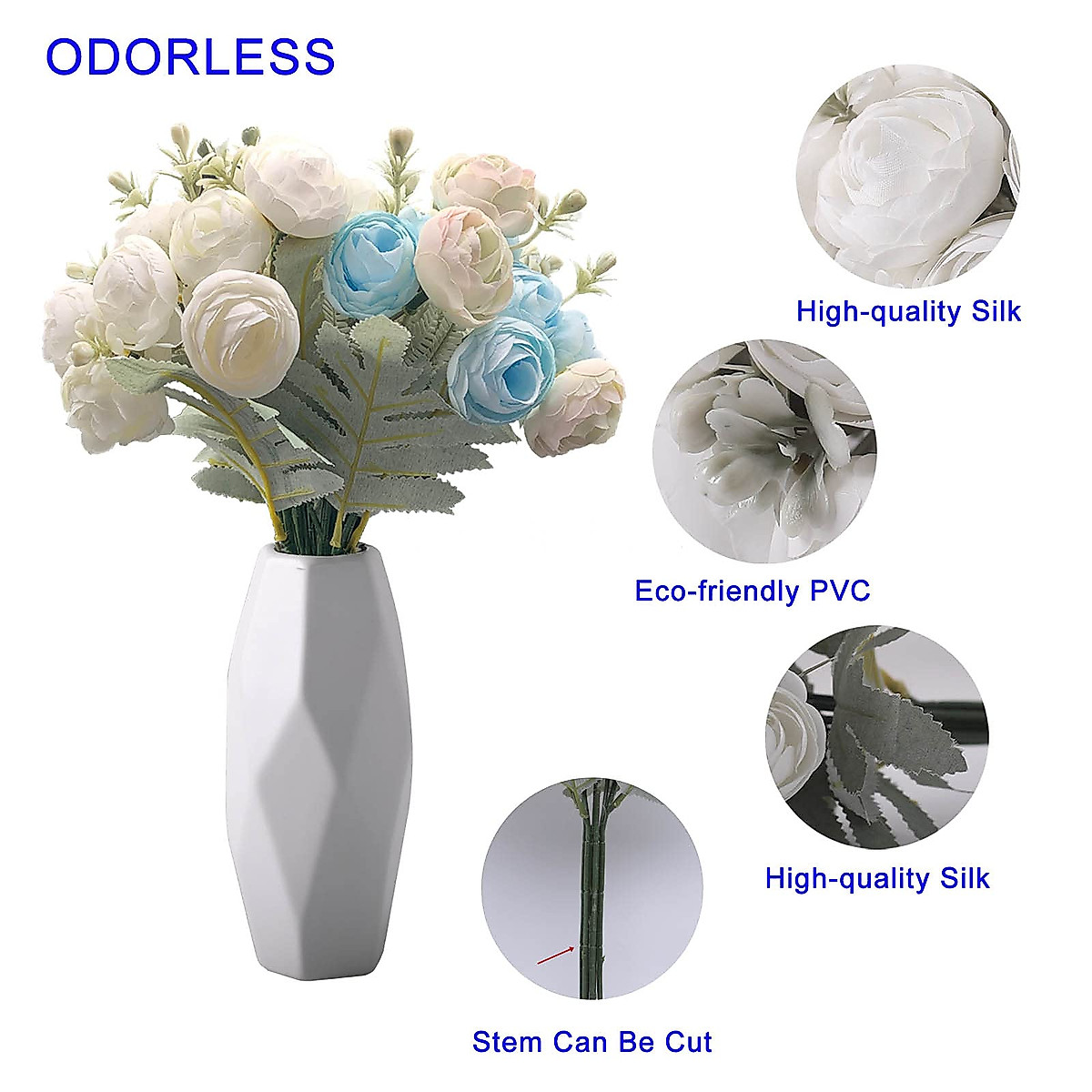 JANESOTO 2 Bundles 36 Artificial Flowers Fake Roses with Stems,Silk Bouquet Home Decorations for Office Table,Garden Party,Bridal,Bedroom,Kitchen Without Vase (White and Blue)