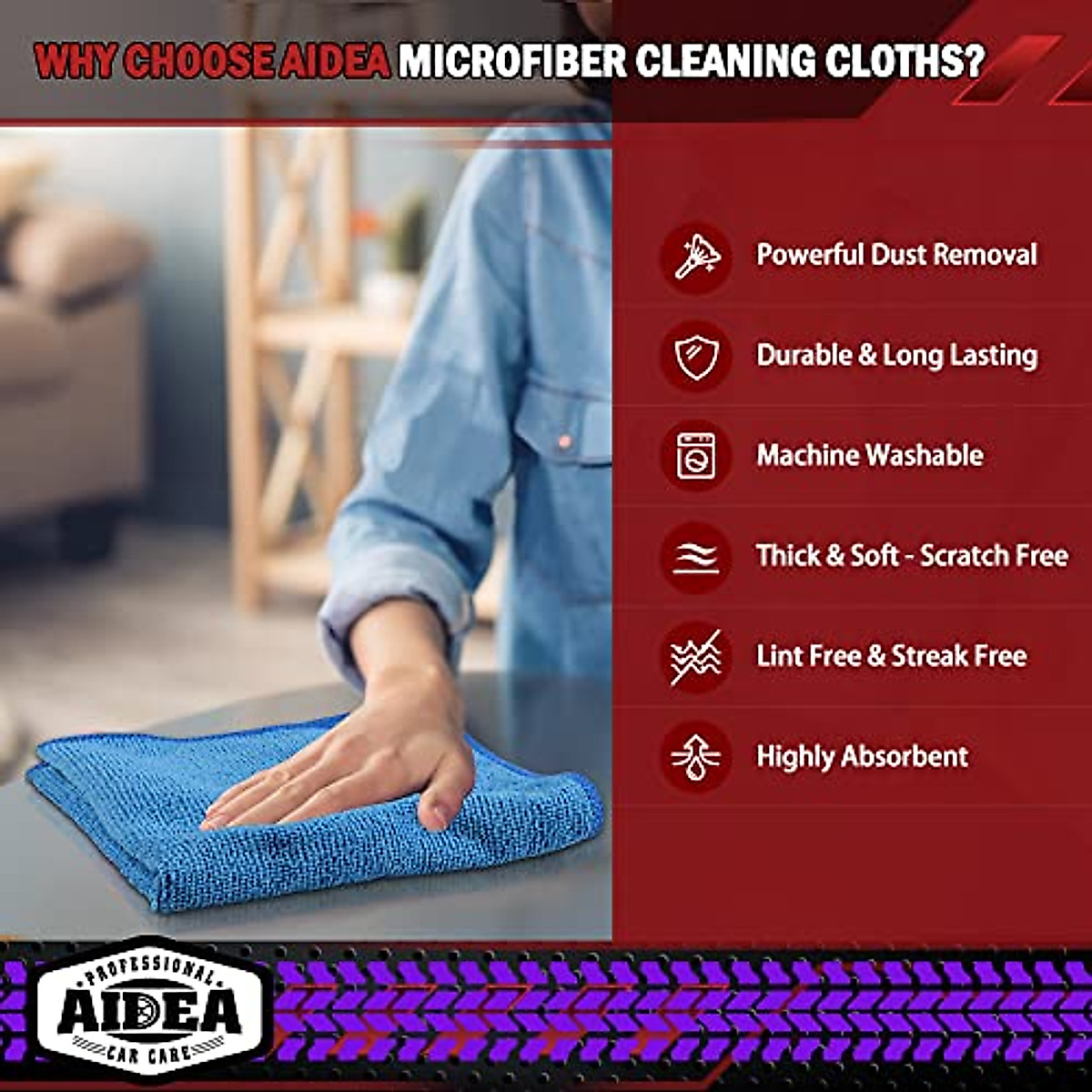AIDEA Microfiber Cleaning Cloths-50 Pack, Premium All-Purpose Car Cloth, Lint Free, Scratch-Free, Absorbent Cleaning Towel for Cars, SUVs, RVs, Trucks, and Boats Gifts(12in.x12in.)