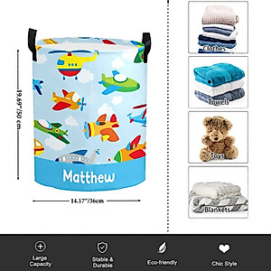 Personalized Laundry Basket Hamper,Airplane Blue Clouds,Collapsible Storage Baskets with Handles for Kids Room,Clothes, Nursery Decor