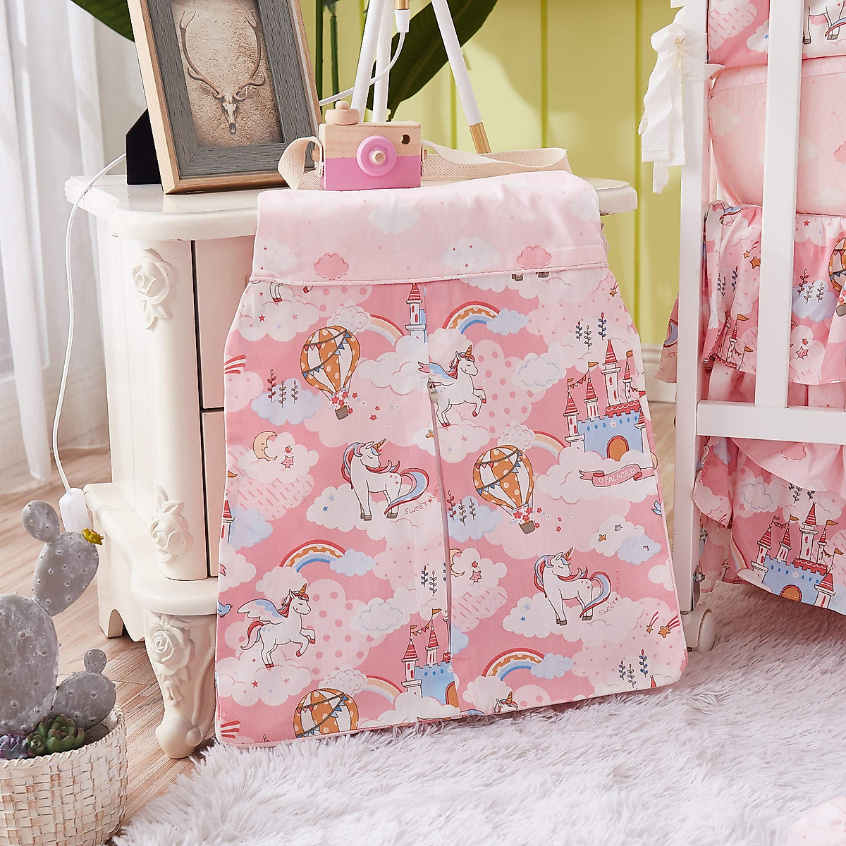 Brandream Baby Girl Pink Unicorn Nursery Bedding Princess Crib Bedding Set with Rainbow Cloud Printed Christmas Baby Bedding 100% Cotton