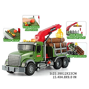 ANJARU Log Truck Kids Toys Timber Transport Truck 15" Logging Truck Toddler Toy with Lights & Sounds -Construction Truck Birthday Gifts Boys Toys Aged 3+