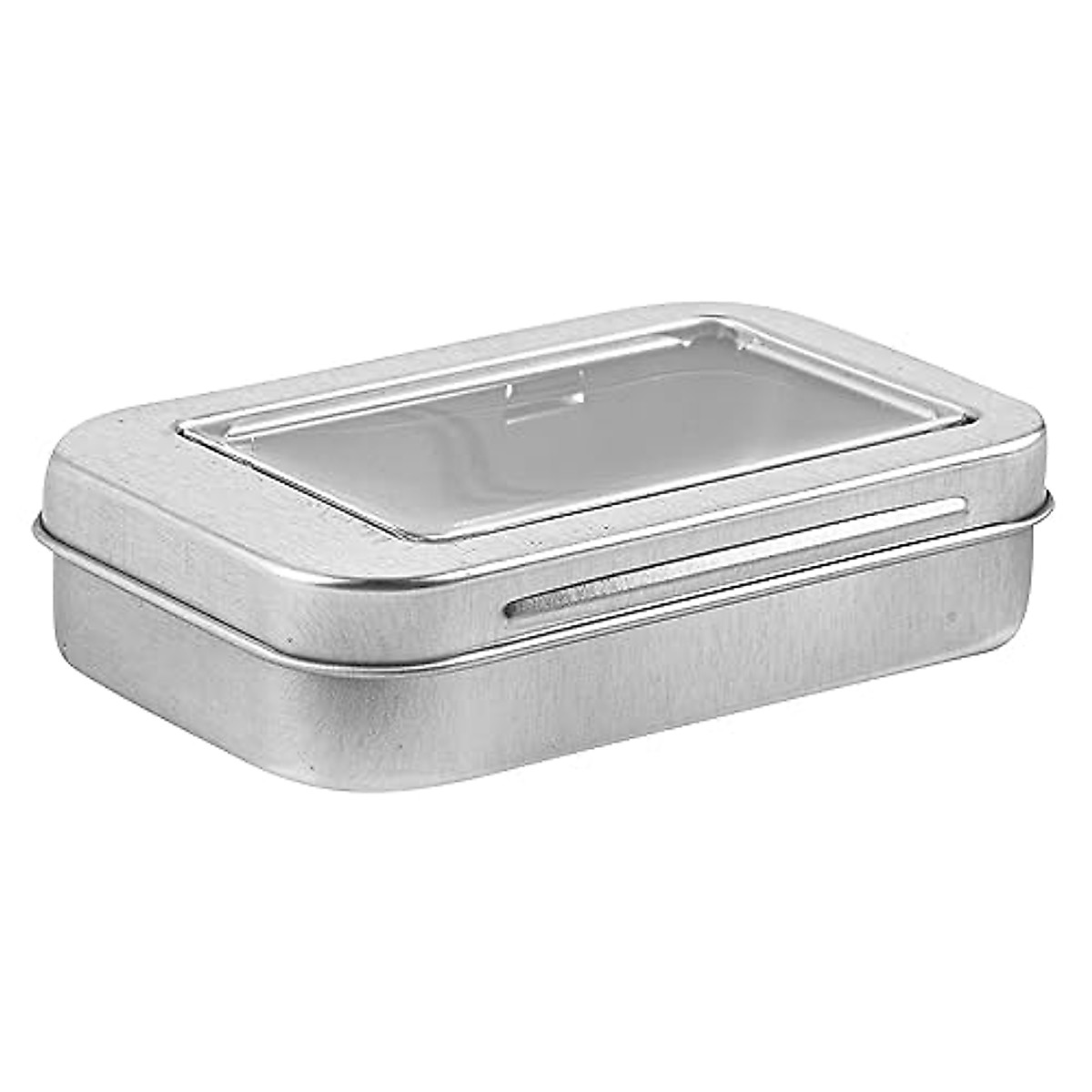 Restaurantware RW Base 4.5 Ounce Rectangular Tin Containers 10 Durable Tin Boxes With Lids - Clear Window Lids Rounded Edges Silver Tin Storage Containers Customizable Fits Mints Or Pills