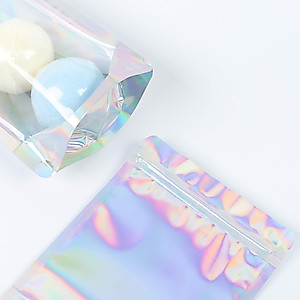 QQ Studio Pack of 100 Windowed or Double Sided Holographic Stand Up Packaging Bags with QuickQlick™ Seal for Food and Snacks (Clear & Silver Base Hologram, 11x16cm (4.3x6.3"))