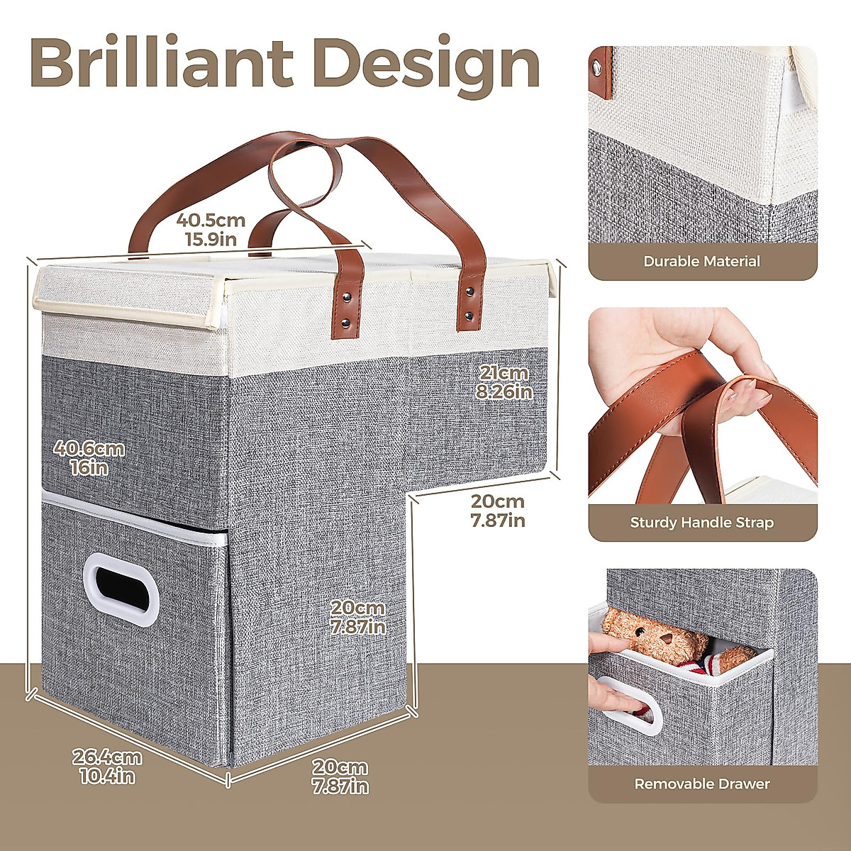 Puricon Stair Basket for Carpeted and Wooden Stairs, Flax Foldable Stair Step Basket with Drawer and Leather Handles, Staircase Storage Organizer for Home Toys Clothes