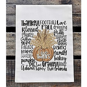 Kitchen Dish Towel - Fall Flour Sack Towel - Give Thanks Word Art Pumpkin