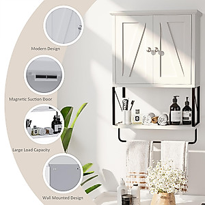 Meilocar Bathroom Cabinet Wall Mounted, Small Farmhouse Medicine Cabinet with Adjustable Shelf and Towel Bar, Over Toilet Cabinet Small Bathroom Storage Cabinet for Bathroom, Living Room, White