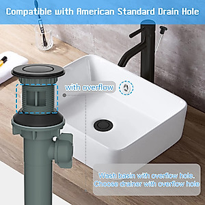 Bathroom Sink Drain with Overflow, Push and Seal Pop Up Drain Stopper Lift Rod, 2 Pack Bathroom Lavatory Vanity Vessel Drain Compatible with Moen, American Standard, Universal Drain Hole, Matte Black