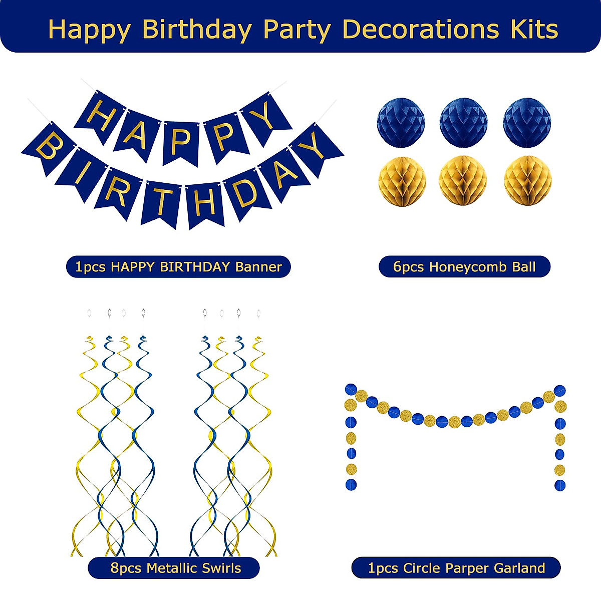 Navy Blue Birthday Decorations with Happy Birthday Banner, Paper Honeycomb Balls, Circle Garland and Hanging Swirl Decorations, Navy Blue Birthday Party Decorations, Birthday Decorations for Men