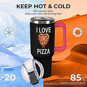 I Love Pizza 40 Oz Car Cup Stainless Steel Travel Mug Leak-Proof Insulated Tumbler with Handle Light Rose Red-style