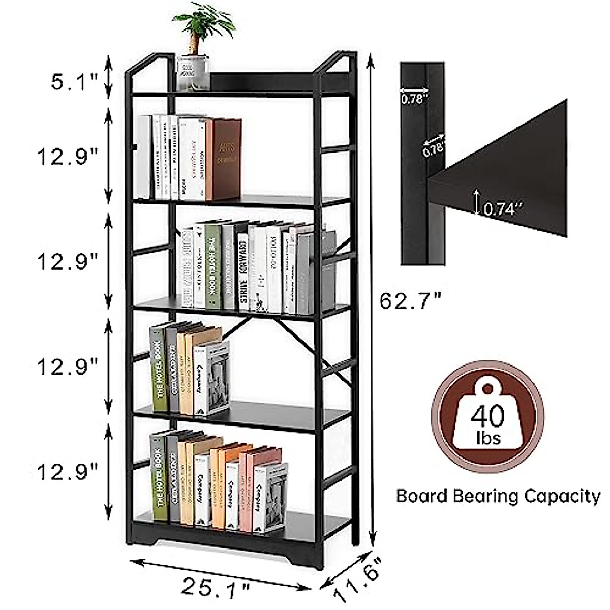 Vagusicc Industrial Display Standing Bookshelf, 5-Tier Tall Bookcase Wood Book Shelf, Modern Book Shelf Storage Organizer Steel Frame, Multipurpose Bookshelf for Living Room/Bedroom/Kitchen/Bathroom