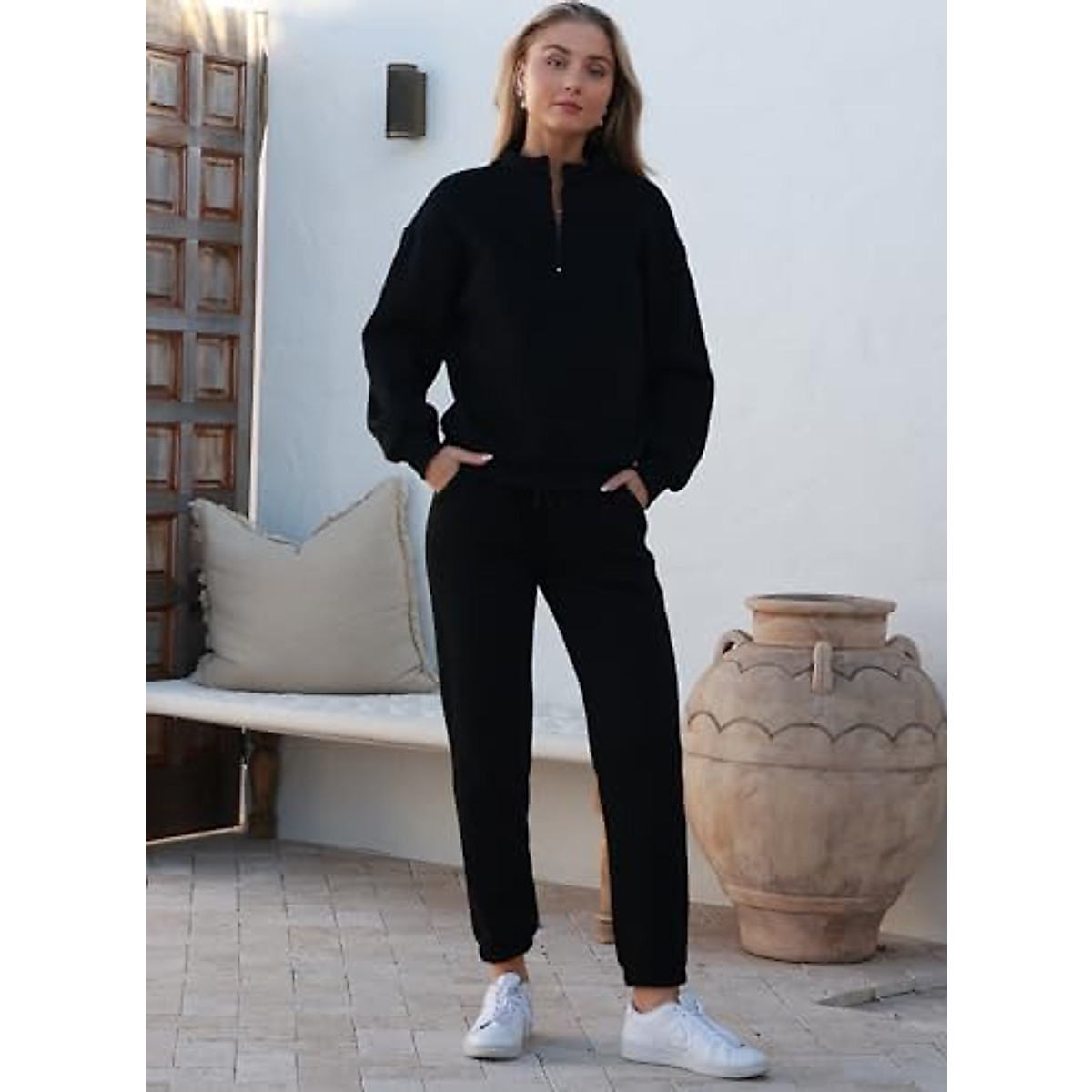Aleumdr Womens 2 Piece Sweatsuit Sets 2023 Fall Trendy Half Zip Pullover Long Sleeve Sweatshirt Jogger Pants Outfits with Pockets Black XX-Large