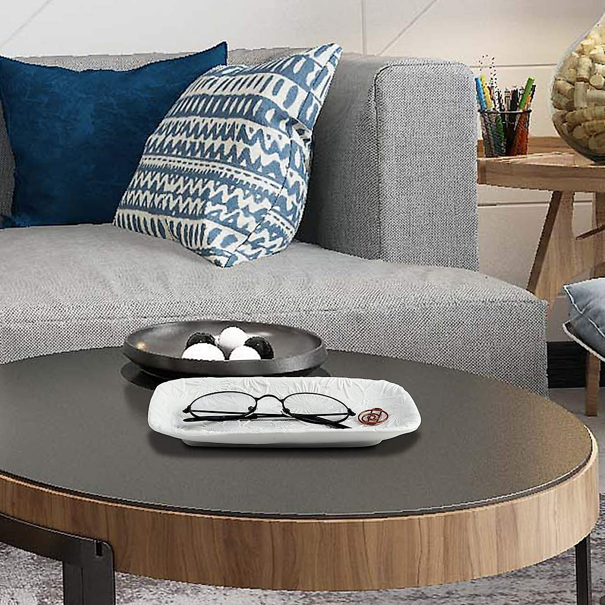 Emibele Ceramic Jewelry Tray, Bathroom Kitchen Vanity Decorative Trinket Tray Ring Dish for Earrings Rings Watch Keys, Ceramic Dessert Plate, White