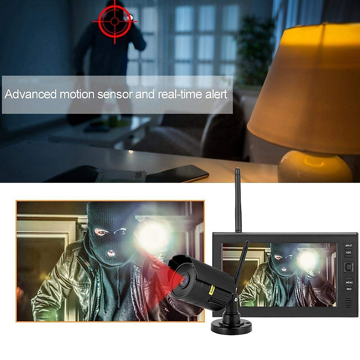 Outdoor Security Camera, Home Security Surveillance Camera, Night Vision, Motion Detection and Remote View with 4CH Surveillance Monitor System Display and TF Card (US Plug)