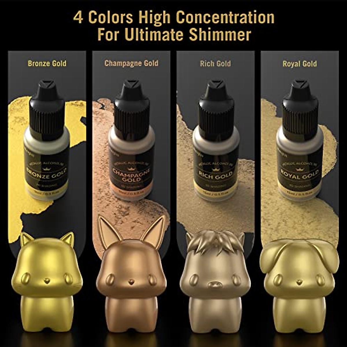 Metallic Alcohol Ink Set - Gold Metallic Mixatives Alcohol Pigment, High Concentrated with Extreme Shimmer Alcohol-Based Inks for Epoxy Resin Yupo Tumblers Cups Fluid Art Painting (4 * 15ml/.5 fl oz)