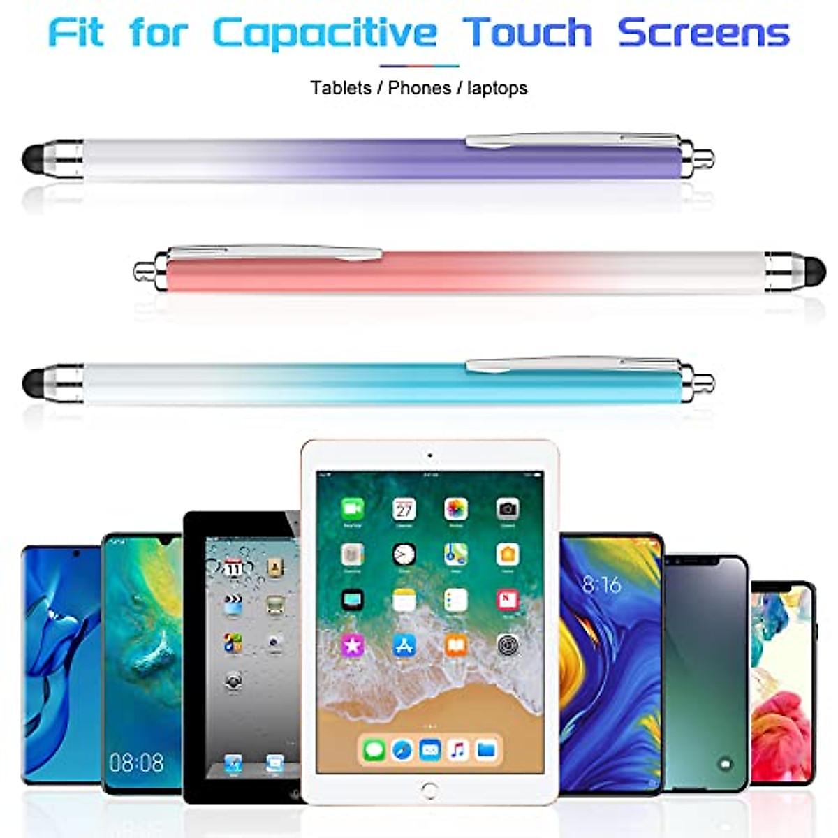 CFDXK Stylus Pens for Touch Screens，3-Pack Capacitive Stylus Compatible for iPad iPhone Tablets Samsung Galaxy with 12 Extra Replaceable Tips (Pink, Blue, Purple)