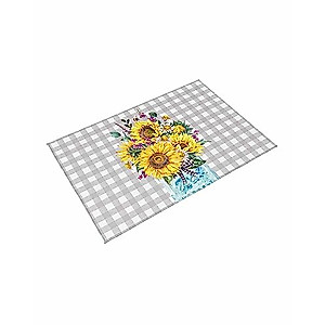 Fall Floral Thanksgiving Outdoor Rug for Patio, Large Floor Mat Sunflower Vase Grey Buffalo Plaid Non Slip Area Rug Rubber Backing Quick Dry Clearance Carpet for Camping, Garden, Deck, Porch, 5' x 8'