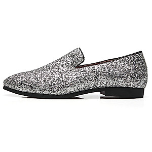 Mens Smoking Slipper Metallic Sparkling Glitter Tuxedo Slip on Dress Shoes Loafers Shoes (12.0 D(M) US, Silver)