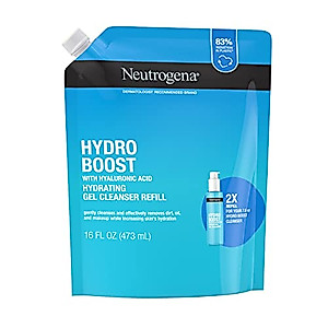 Neutrogena Hydro Boost Lightweight Hydrating Facial Cleansing Gel, Gentle Face Wash & Makeup Remover with Hyaluronic Acid, Hypoallergenic & Non Comedogenic, Refill Pouch, 16 fl. oz