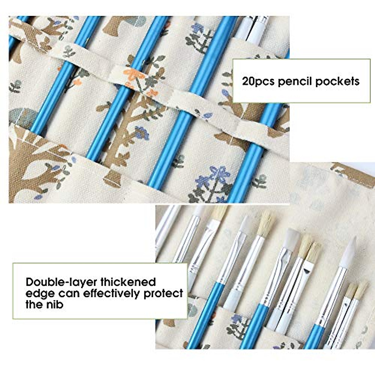 Hztyyier 20 Slots Artist Paint Brushes Holder with Roll Up Canvas Painting Brushes or Pencil Holder Organizer for Colored Pencils Art Supplies