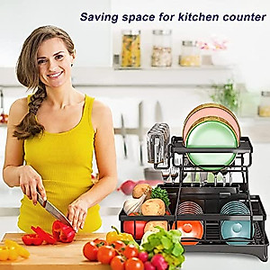 etship Dish Drying Rack with Drainboard Set, Stainless Steel 2 Tier Large Dish Racks for Kitchen Counter, Dish Drainer with Utensil Holder, Dish Strainers with Extra Drying Mat (Black)