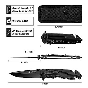 IKORES Pocket Knife for Men, 4 inch Multitool Folding Knife with Nylon Sheath and Pocket Clip, Bottle Opener, Glass Breaker, Seatbelt Cutter and Wrench, Black