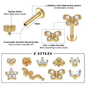 Drperfect Cartilage Earring Stud 16G Stainless Steel Internally Threaded CZ Flower Heart Bee Butterfly Snake Helix Tragus Conch Labret Monroe Medusa Lip Piercing Jewelry