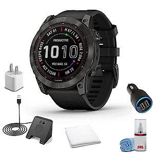 Garmin Fenix 7X Sapphire Solar Edition Smart Watch Carbon Gray Titanium with Black Band (51mm) + Watch Charging Stand + USB Car/Wall Adapter + 6TH AVE Cleaning Kit + Sweat Workout Towel (010-02541-10)