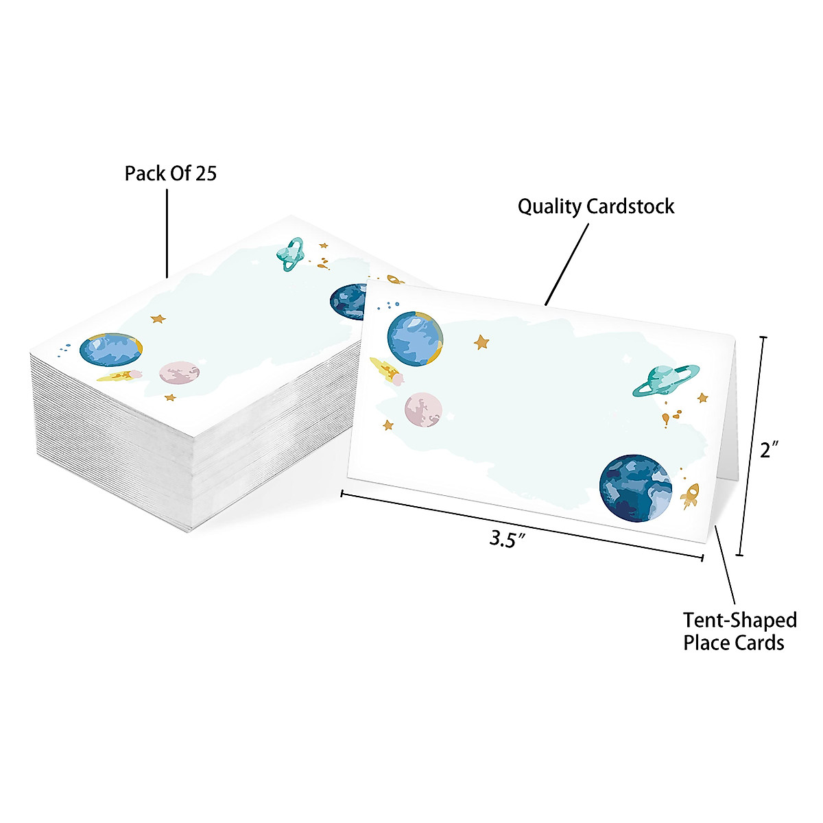 Table Place Card, Space Themed Tent Style Cards, Pack of 25 Half-Fold Reception Place Card, Astronaut Birthday Decor, Perfect for Baby Shower, Space Galaxy Birthday Party and Special Events C29