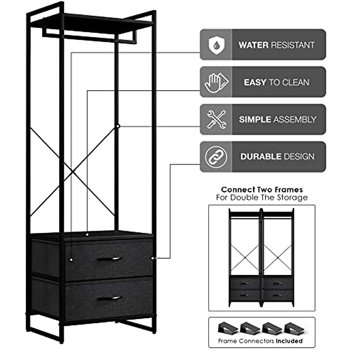 Sorbus Clothing Rack with Drawers - Clothes Stand Dresser - Wood Top, Steel Frame, & Fabric Drawers - Tall Closet Storage Organizer - Garment Rack for Hanging Shirts, Dresses, & Jackets