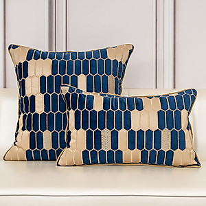 Aeckself Geometric Plaid Velvet Pillow Cover 20x20 Inch, Modern Square Leather Embroidered Decorative Throw Pillow Cover for Couch Living Room Bedroom, Navy Blue Beige