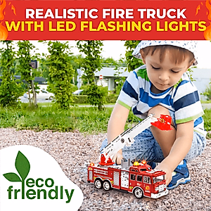Toysery Fire Truck Toy with Flashing Lights & Siren Sounds for Kids, Extendable Rotating Ladder, Bump and Go Action, Role Play Toy for Boys & Girls, Kid Car Toy Trucks, Ages 3-7+